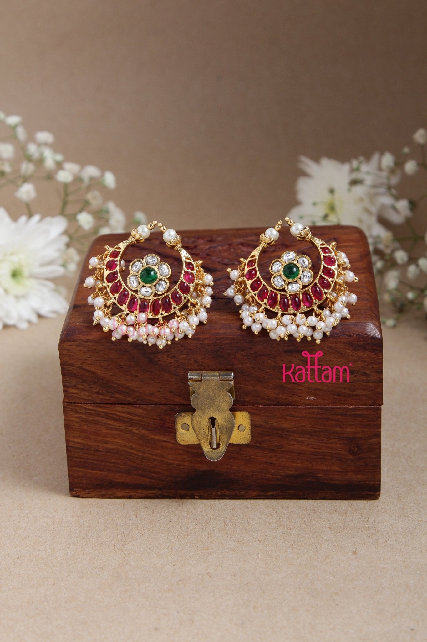 Kundan Ruby Halfmoon Pearl Earring - Kattam