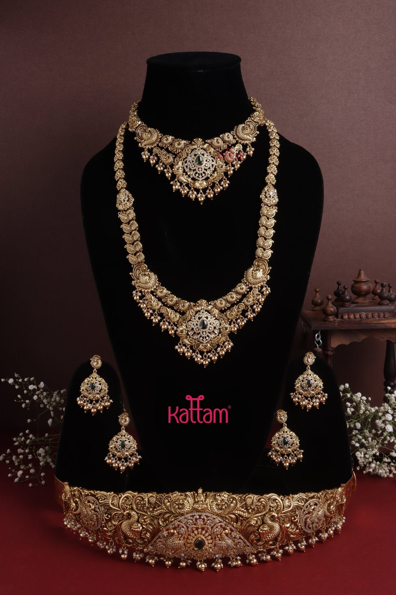 Aarudhra - Goldtone Peacock Green Semi Bridal Set - Kattam