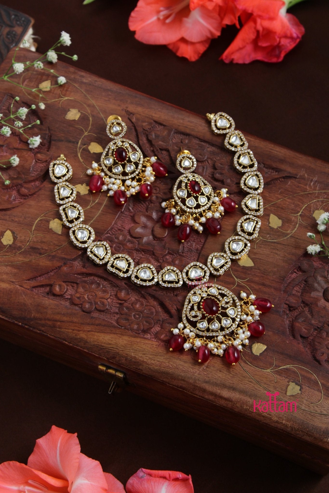 Charu - American Diamond Maroon Short Necklace - Kattam