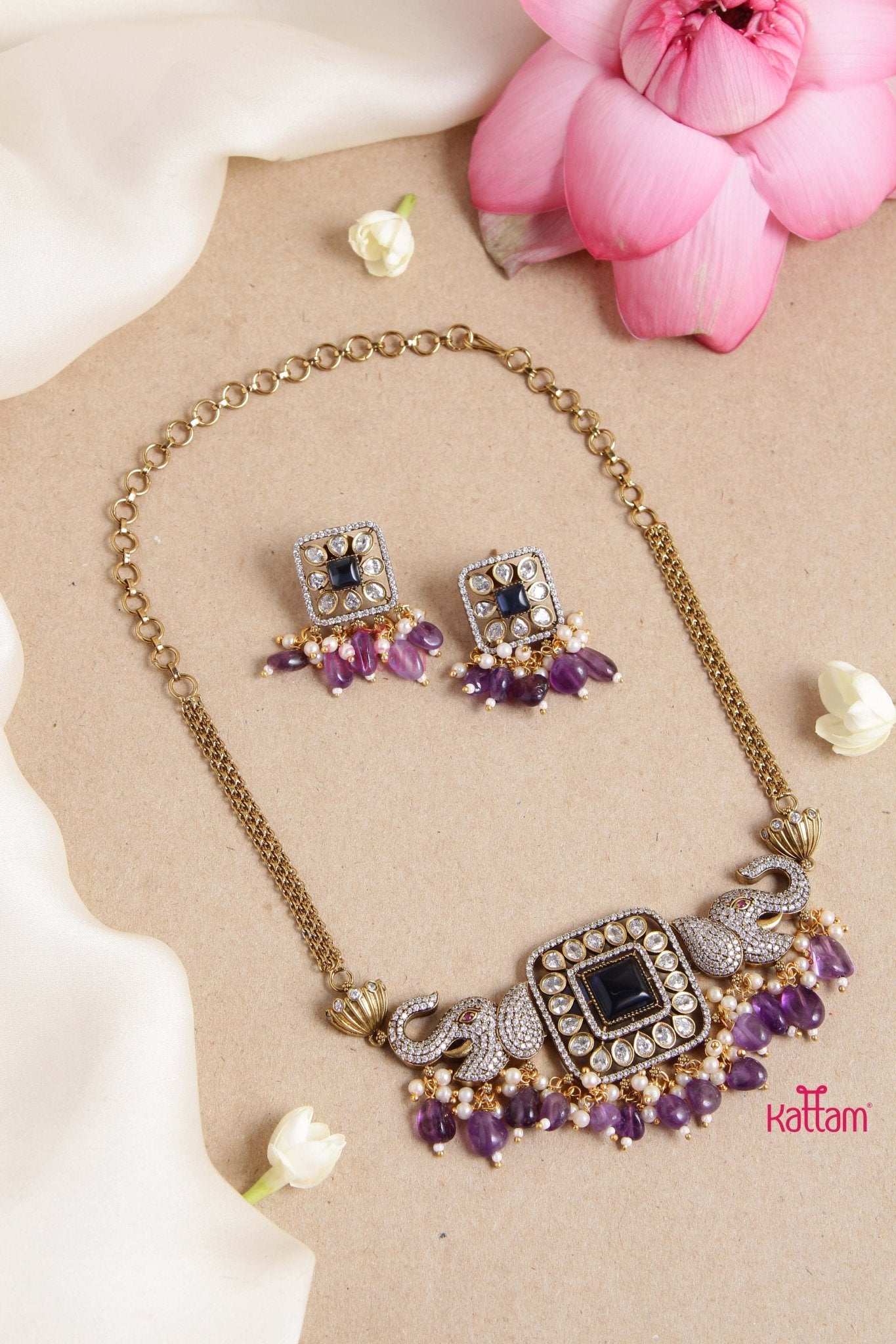 Ezhil Victorian Diamond Elephant Violet Choker - Kattam