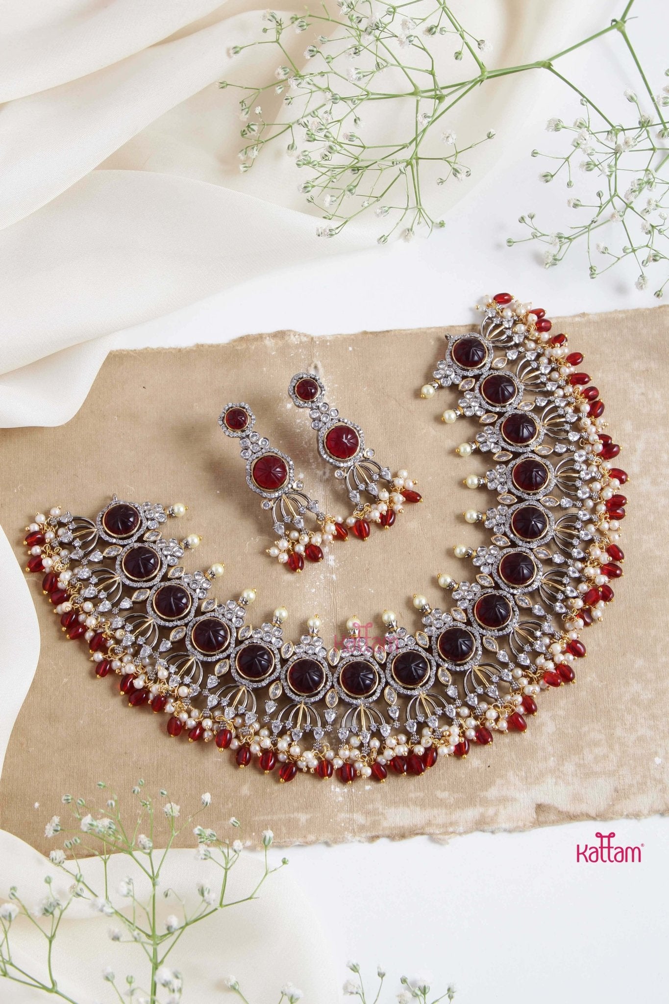 Jazz - Victorian Diamond Maroon Bridal Choker - Kattam