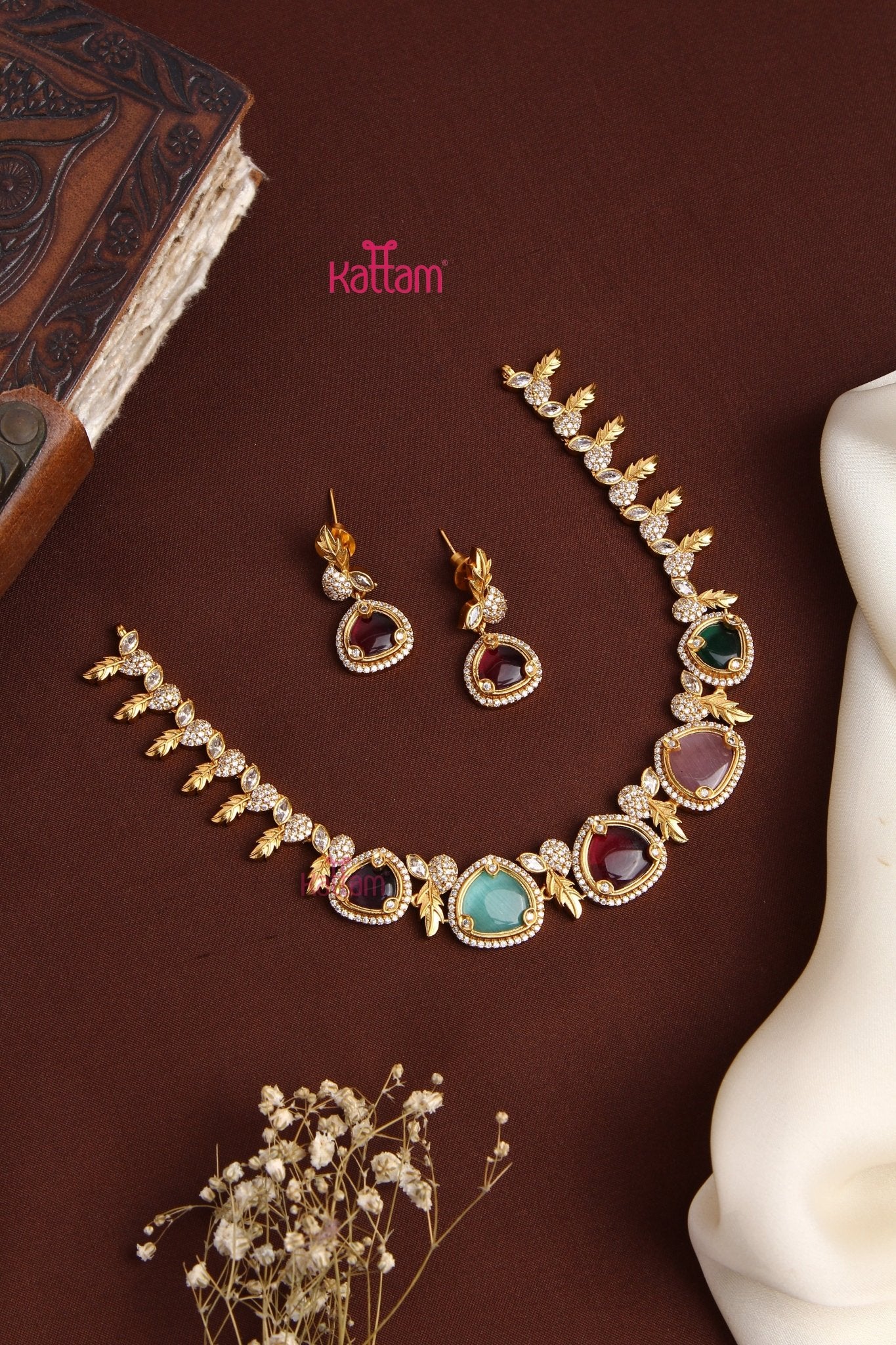 Megha - Multistone Leaf Choker - Kattam