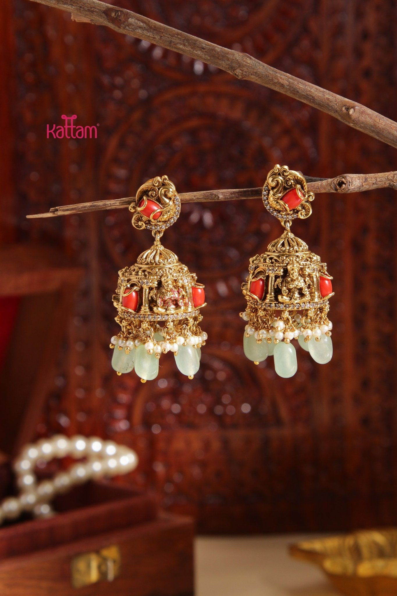 Ranvi - Peacock Coral PastelGreen Jhumka - Kattam