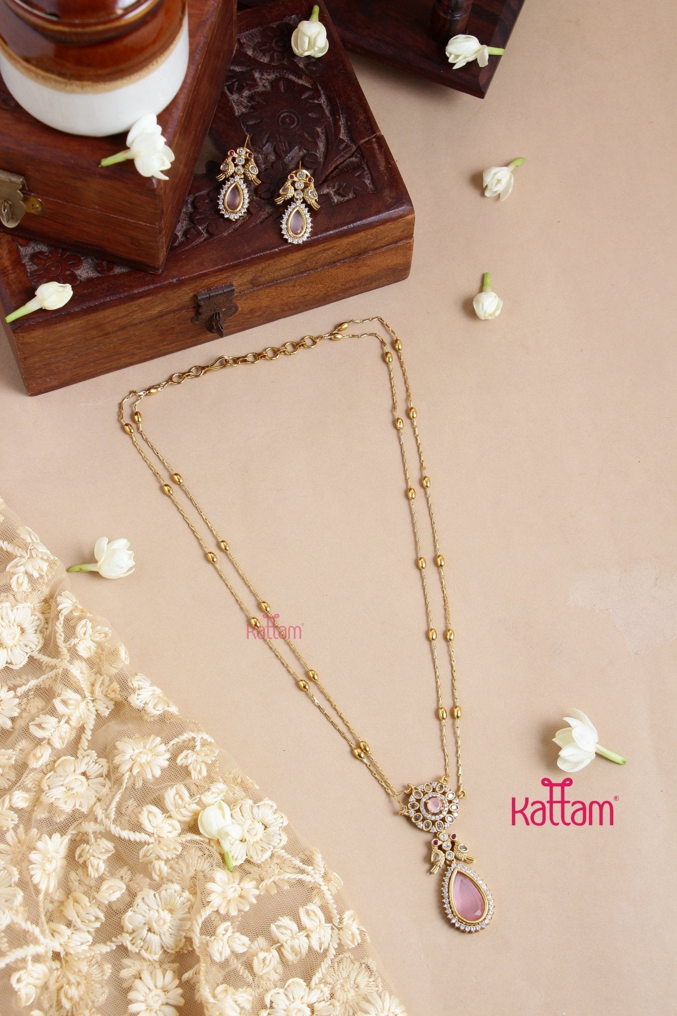 Shobitha - Layered Gold Pink Stone Chain Set - Kattam